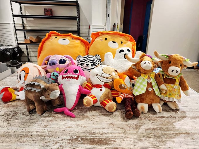 A parliament of plush creatures awaits adoption. That shark looks suspiciously pleased about his markdown from retail price.