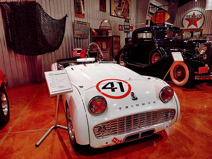 The compact Triumph TR3 with racing number 41 reminds us that British sports cars taught Americans that driving could be more than just transportation.