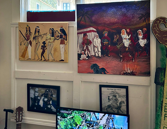 Historical paintings trace jazz's origins through New Orleans' complex cultural history &ndash; from Congo Square gatherings to second line traditions.