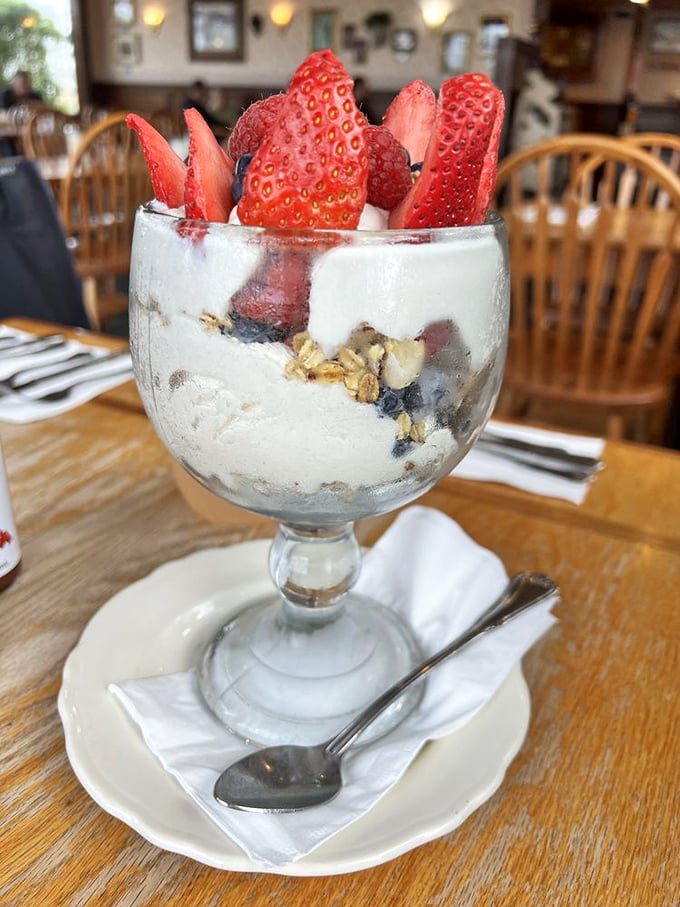 A parfait that turns breakfast into an elegant affair. Those fresh berries and granola layers are like a morning symphony in a glass.