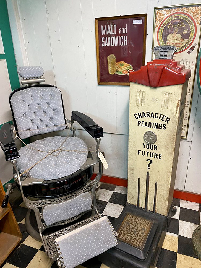 The "Character Readings" machine promises to reveal your future, while the vintage barber chair beside it belongs firmly in your past.