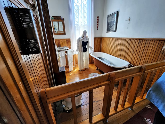 The Victorian bathroom: where even the most private moments were surrounded by wooden paneling and proper decorum.
