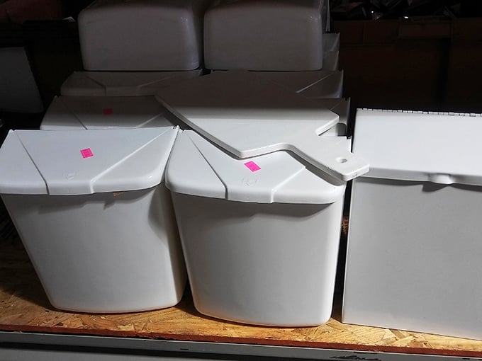 White storage bins with pink price tags&mdash;practical, pristine, and priced to move. Organization solutions that won't disorganize your budget.