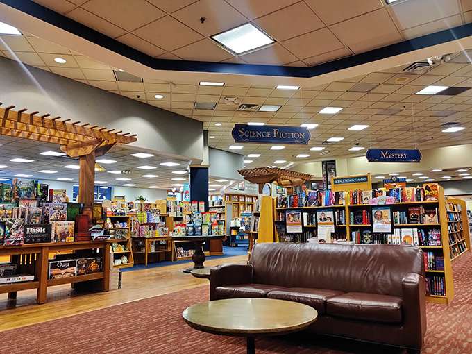 Literary neighborhoods clearly marked for efficient browsing &ndash; though getting pleasantly lost between Science Fiction and Mystery is half the fun.