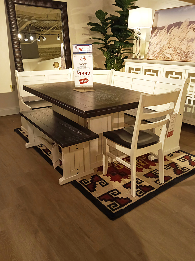 Farmhouse chic meets practical family dining. That bench seating isn't just stylish&mdash;it's the solution to fitting one more person at Thanksgiving dinner.