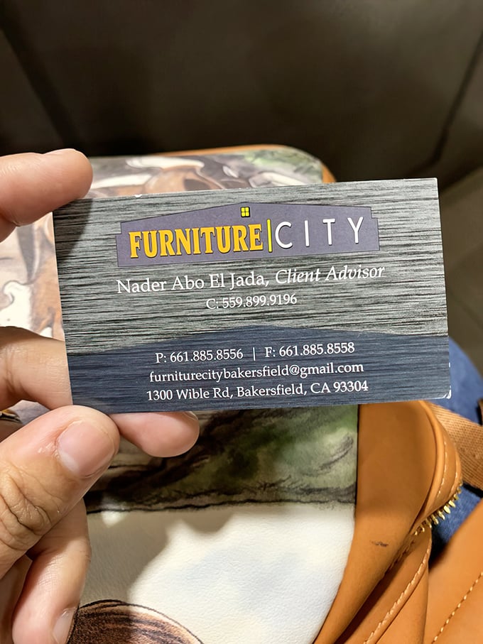 Even their business cards are stylish—proof that Furniture City's attention to detail extends to everything they touch.