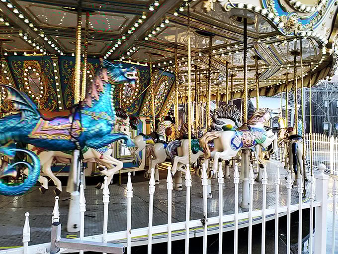 The carousel's meticulously painted horses gallop eternally beneath twinkling lights, offering a timeless ride that connects grandparents to their grandchildren's experiences.