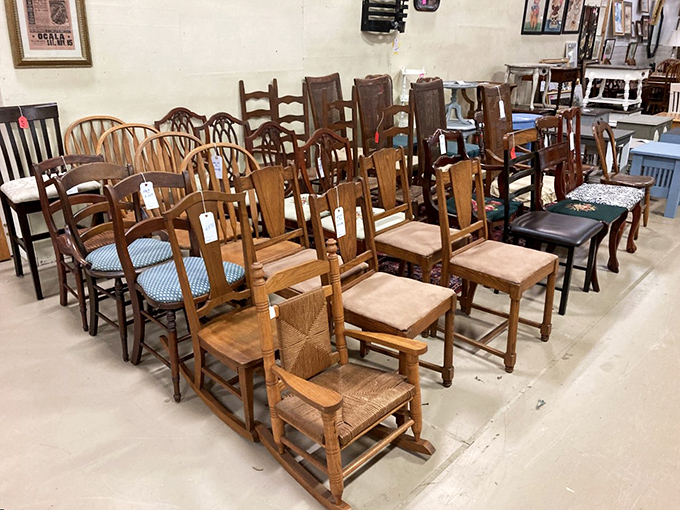 The chair brigade stands at attention&mdash;each wooden seat has supported countless family dinners and holds the patina of generations.
