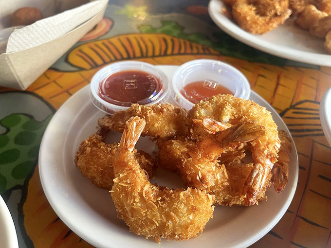 Coconut shrimp with the perfect golden ratio of crunch to sweetness. Like tropical postcards you can actually eat.