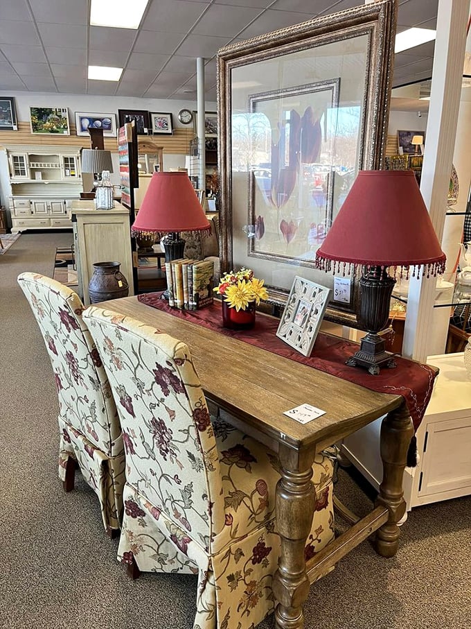 Staging that rivals high-end furniture stores&mdash;this elegant console table setup whispers "sophisticated dinner parties" without shouting "budget-breaker."