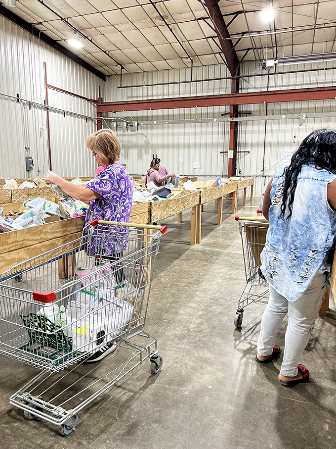 The serious business of bargain hunting. Shopping carts at the ready, these treasure seekers employ the classic "methodical scan" technique perfected by pros.