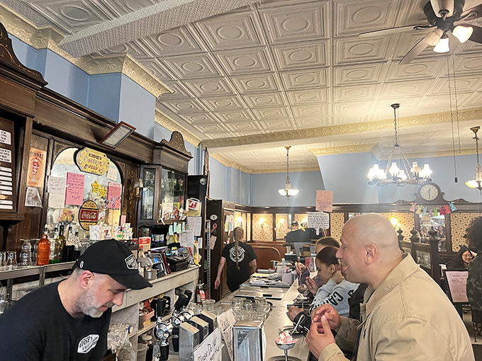 Real people enjoying real ice cream at a real soda fountain &ndash; authenticity never tasted so good.