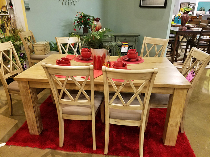 This rustic dining set with vibrant red accents doesn't just serve meals&mdash;it serves memories waiting to be made over countless family dinners.