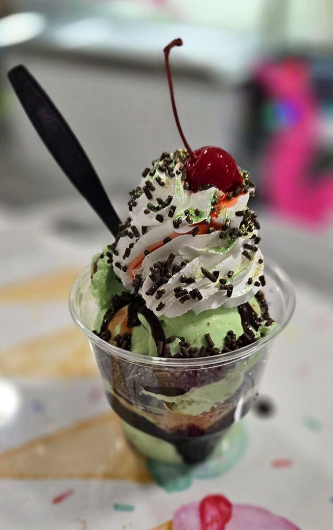 Mint and chocolate—nature's most perfect pairing since peanut butter met jelly, crowned with whipped cream and chocolate sprinkles.