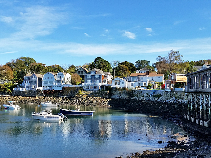 Rockport's harbor homes perch like curious seabirds on the rocky coastline, watching fishing boats bob gently in the protected waters below.