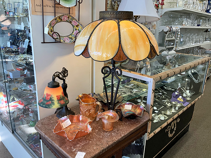 Lampshade diplomacy: how to marry vintage carnival glass with modern decor without causing a design intervention from disapproving friends.