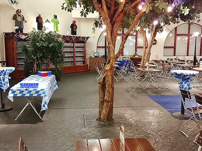 In this enchanted beer garden, real trees grow indoors and tables wear their blue-and-white checkered finest year-round.