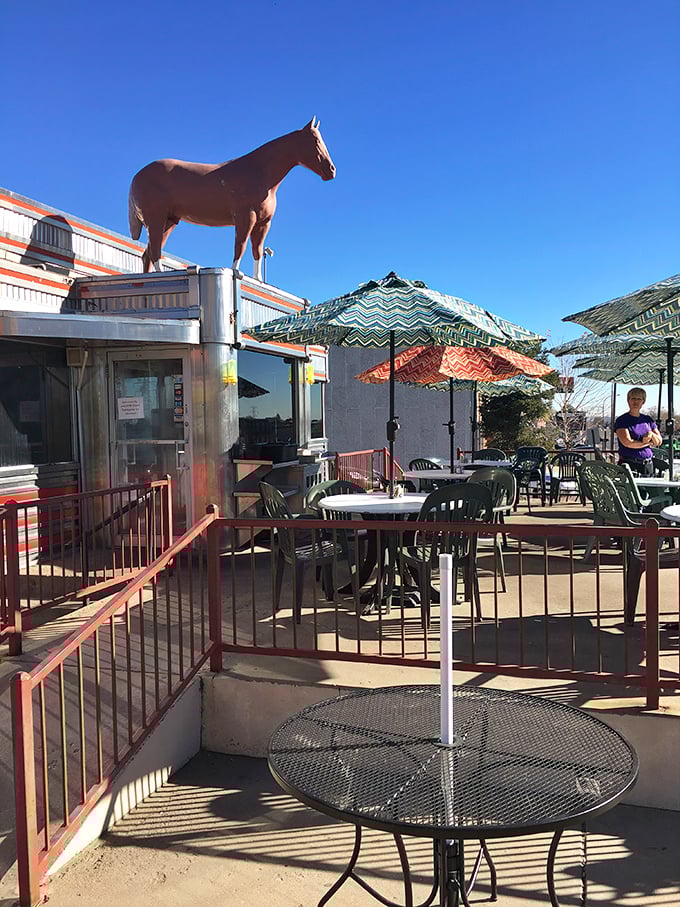 The rooftop horse stands sentinel, watching over outdoor diners enjoying Colorado's famous blue skies and sunshine.