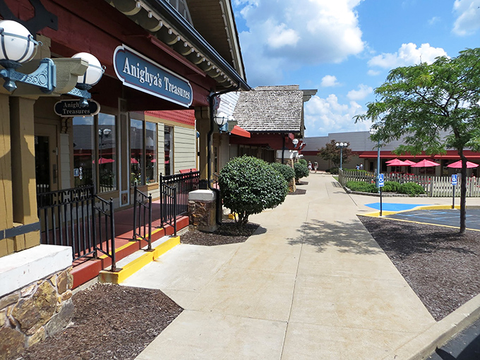 The outdoor walkways connect storefronts with a village-like charm that makes bargain hunting feel like a scenic stroll.