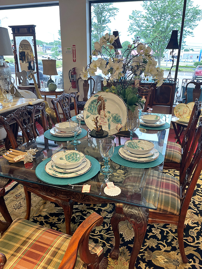 A table setting that says "I host dinner parties where people actually use cloth napkins." Elegant dishware awaiting its next culinary showcase.