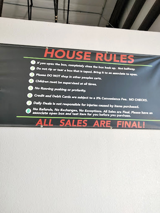 The house rules sign—part shopping guide, part gentle reminder that all sales are final. Choose wisely, bargain hunters!