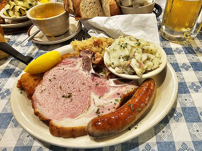 A proper German feast isn't complete without sausage standing proudly beside potatoes and properly pink roast pork. Diet starts tomorrow!