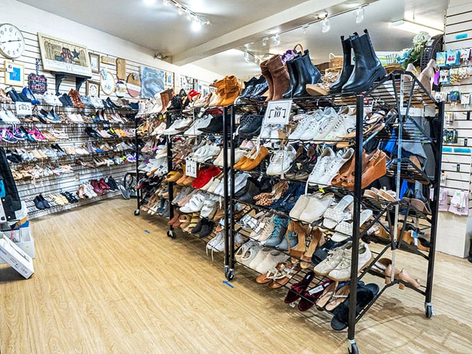 The shoe wall stands like a monument to footwear possibilities&mdash;from practical flats to why-did-I-buy-these heels.
