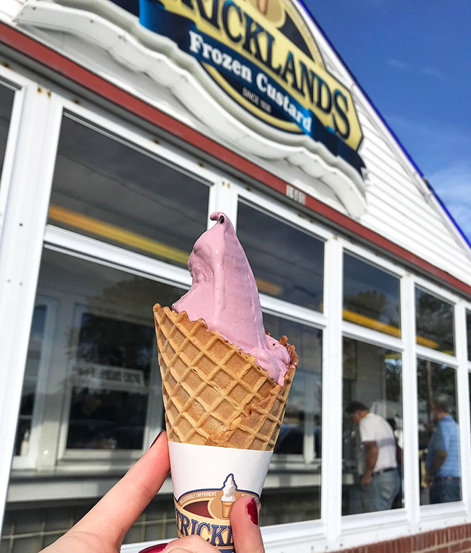 Pink perfection against the Strickland's storefront&mdash;this strawberry cone isn't just photogenic, it's the taste of summer captured in dairy form.