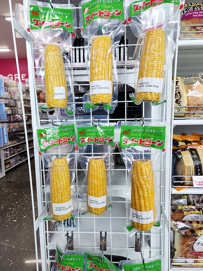 Even corn gets the special treatment at Daiso&mdash;individually wrapped cobs hanging like edible art in the food section.