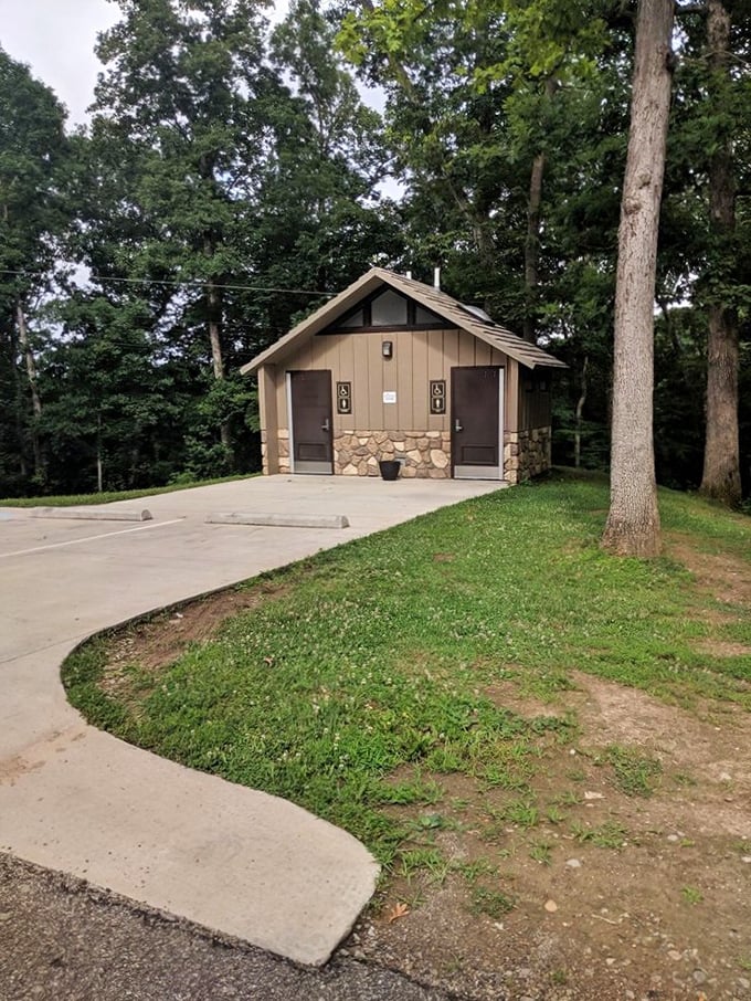 Even the restroom facilities blend harmoniously with the landscape. Practical architecture that respects its woodland setting&mdash;a rarity in public parks.