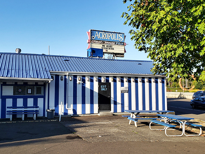 Blue and white and delicious all over! This unique spot serves up steaks with a side of "Did that really just happen?" amazement. 
