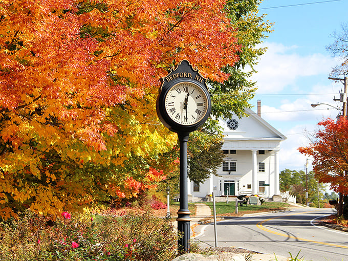 Bedford's town clock stands surrounded by autumn's fiery display &ndash; time seems to slow down just to admire the view.