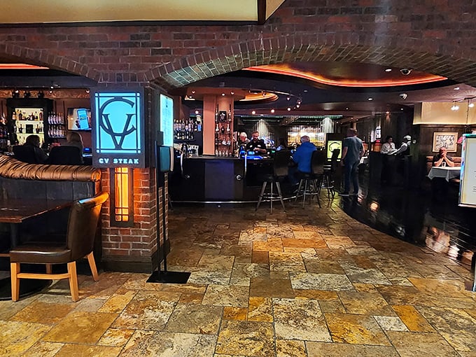 CV Steak's sophisticated entrance proves you don't need to be on the Strip to experience steakhouse elegance.