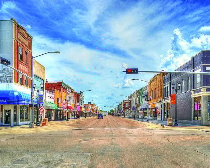 Columbus' vibrant main street showcases colorful storefronts and charming details—affordable small-town living with personality.