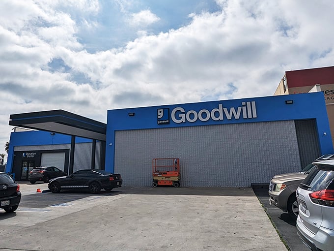 This Goodwill's striking blue fa&ccedil;ade on Sunset Boulevard stands out even in a city known for colorful characters and buildings.