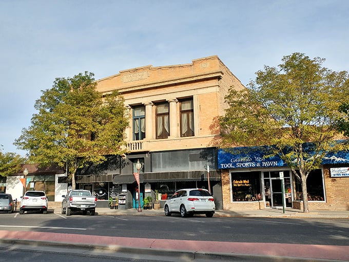 Montrose sidewalks welcome you to explore historic brick storefronts and local shops under the shade of leafy green autumn trees.