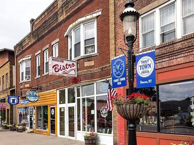 Roscoe's "Trout Town" pride shines through in every detail, from the street lamps to the flower baskets bursting with color.
