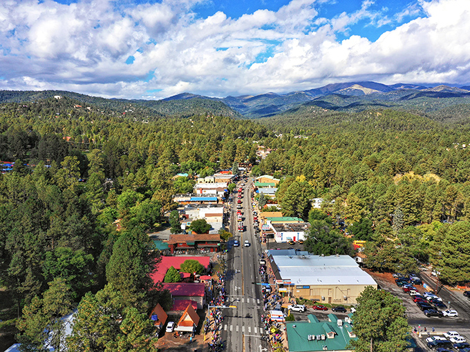Ruidoso's charming main street invites window shopping and people watching, all under the watchful gaze of pine-covered mountains.