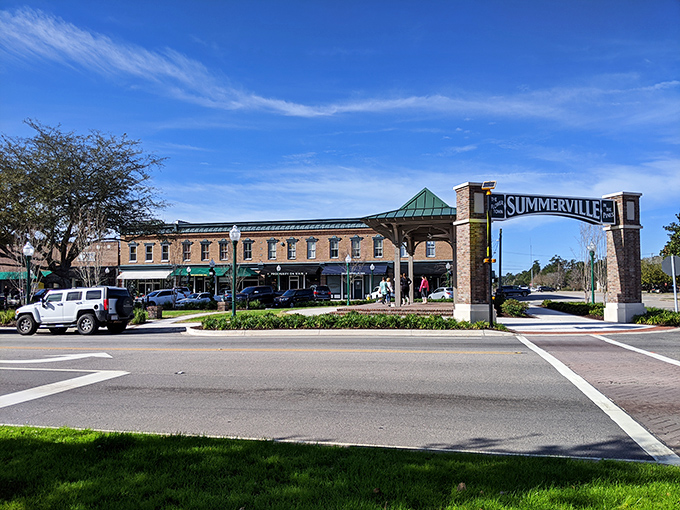 Summerville welcomes visitors with its charming entrance and brick buildings. Small-town warmth with big-time accessibility.