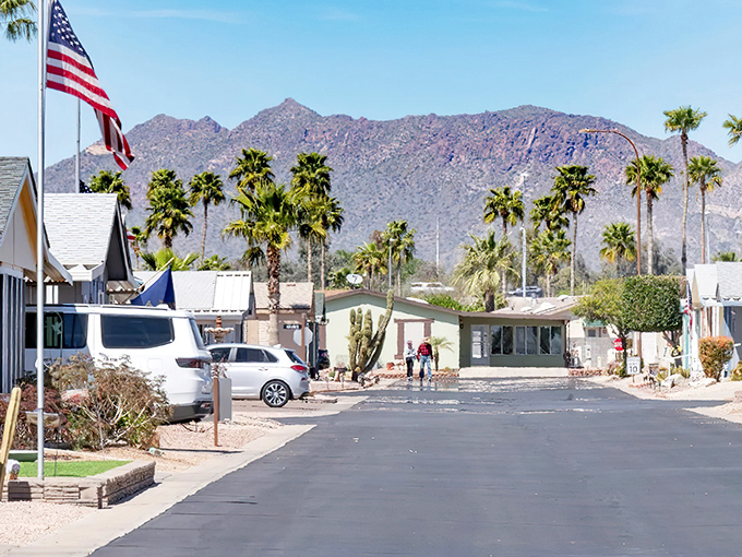 The Superstition Mountains create a dramatic backdrop for Apache Junction's affordable neighborhoods, where retirement dreams come true.