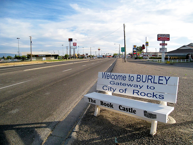 The "Gateway to Rocks" sign hints at Burley's natural surroundings while its affordable lifestyle makes it a gateway to comfortable retirement.