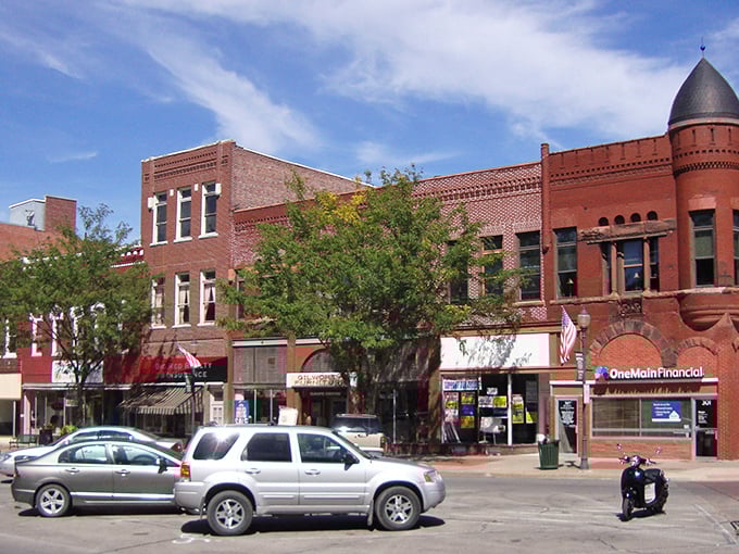 Even on a cloudy day, Centerville's main street maintains its welcoming charm for shoppers and visitors.