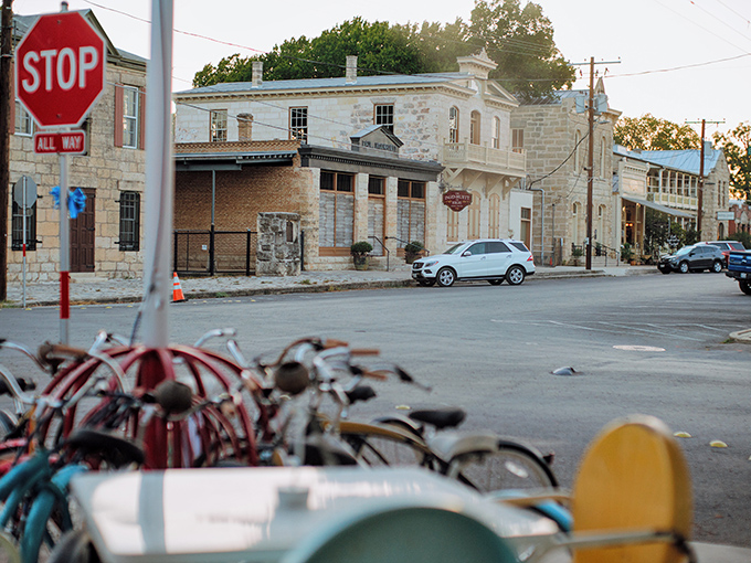 The limestone elegance of downtown Comfort offers the perfect backdrop for spontaneous sidewalk reunions between neighbors.