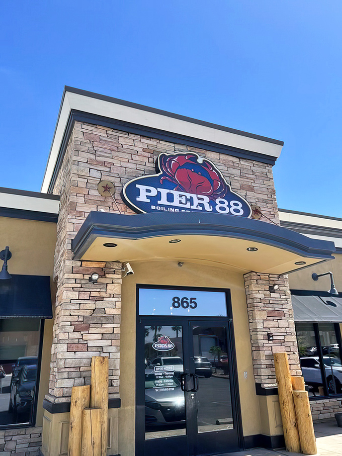 The welcoming entrance to Pier 88 invites you into a world where seafood comes in bags and happiness comes in waves.