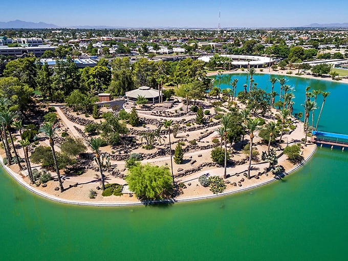 Palm-lined streets and artificial lakes in Sun City transform desert living into resort-style retirement, where every day feels like a well-deserved vacation.