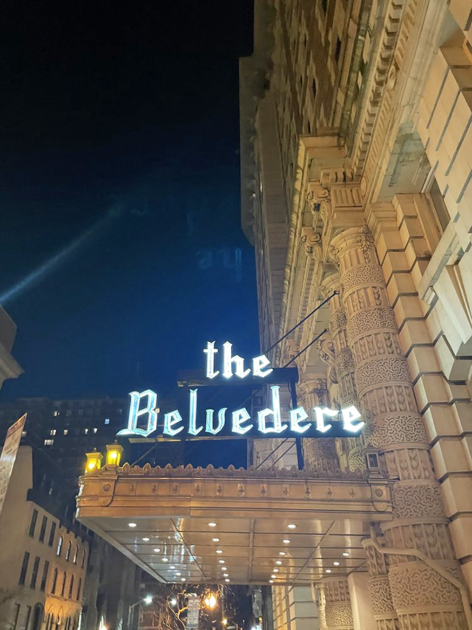 Elegant stonework and historic grandeur frame The Belvedere, home to The Owl Bar where Prohibition-era secrets still linger in the walls.