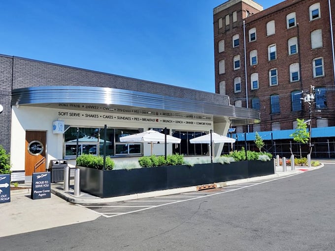 Blue skies and stainless steel&mdash;Tops Diner shines like a culinary lighthouse guiding hungry sailors to the shores of breakfast bliss.