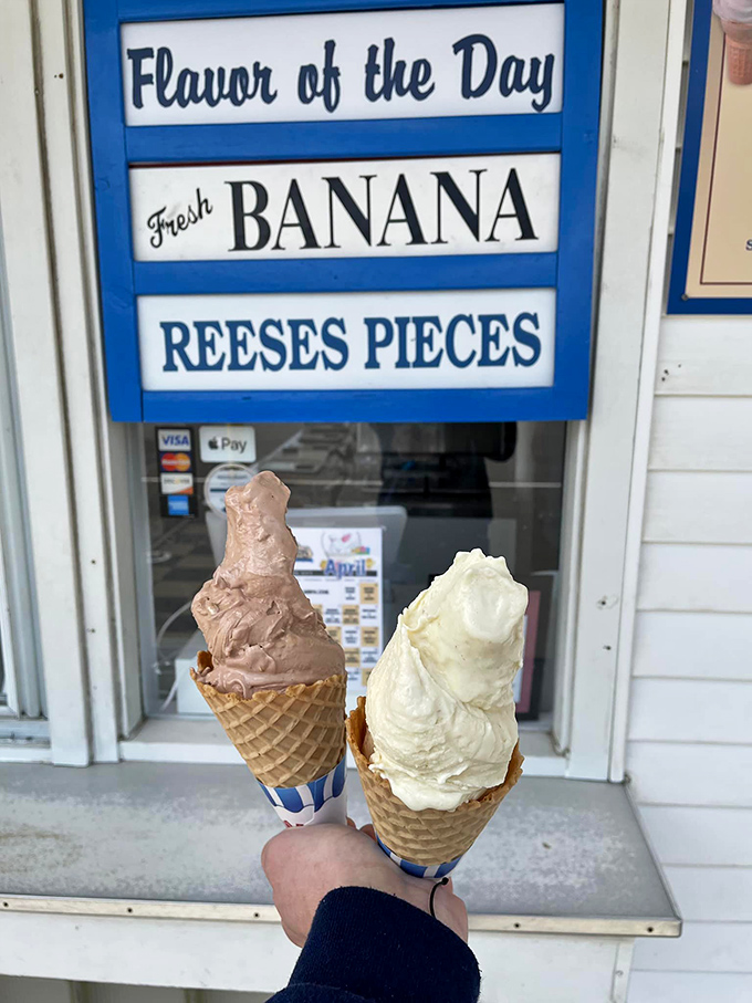 The daily flavor board announces today's stars: Fresh Banana and Reese's Pieces&mdash;a choice that's less Sophie's Choice and more "why not both?"