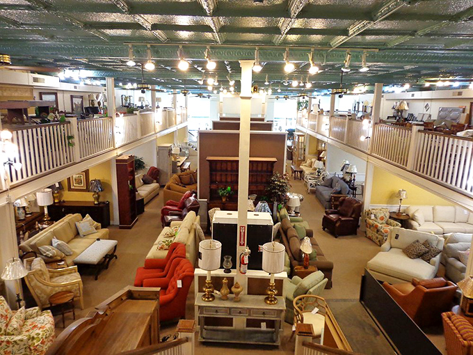 The two-story showroom offers a bird's-eye view of furniture possibilities below, like a design theme park for grown-ups with good taste.