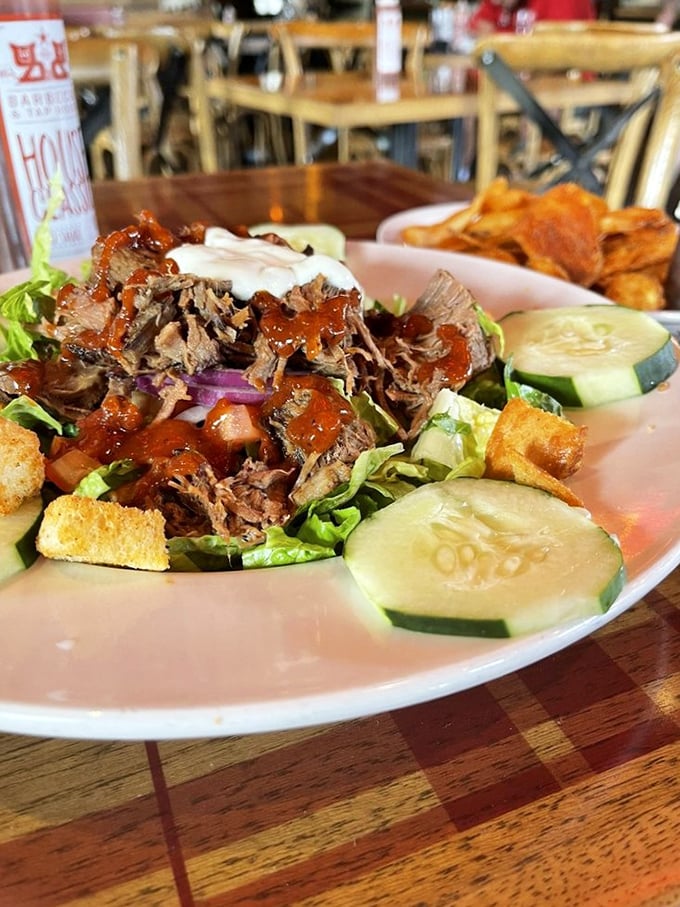 When you're trying to be "healthy" but still want barbecue. This salad is basically a vegetable delivery system for smoked meat.